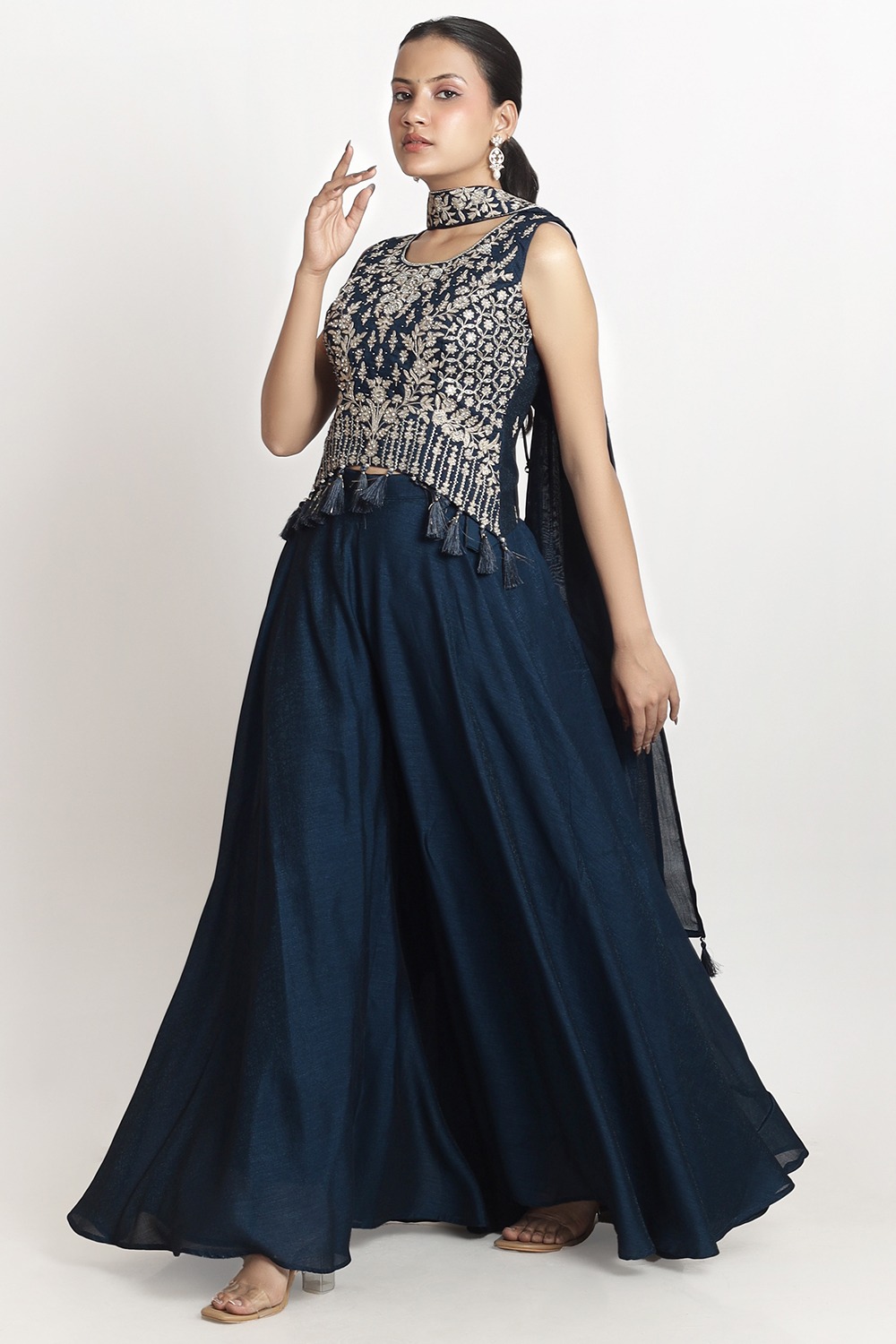 Navy Blue Georgette Embroidered Short Palazzo Suit LSTV134826