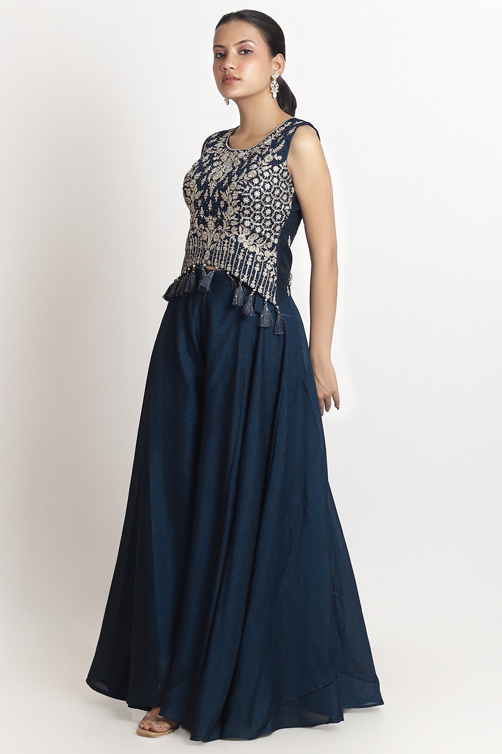 Navy Blue Georgette Embroidered Short Palazzo Suit LSTV134826