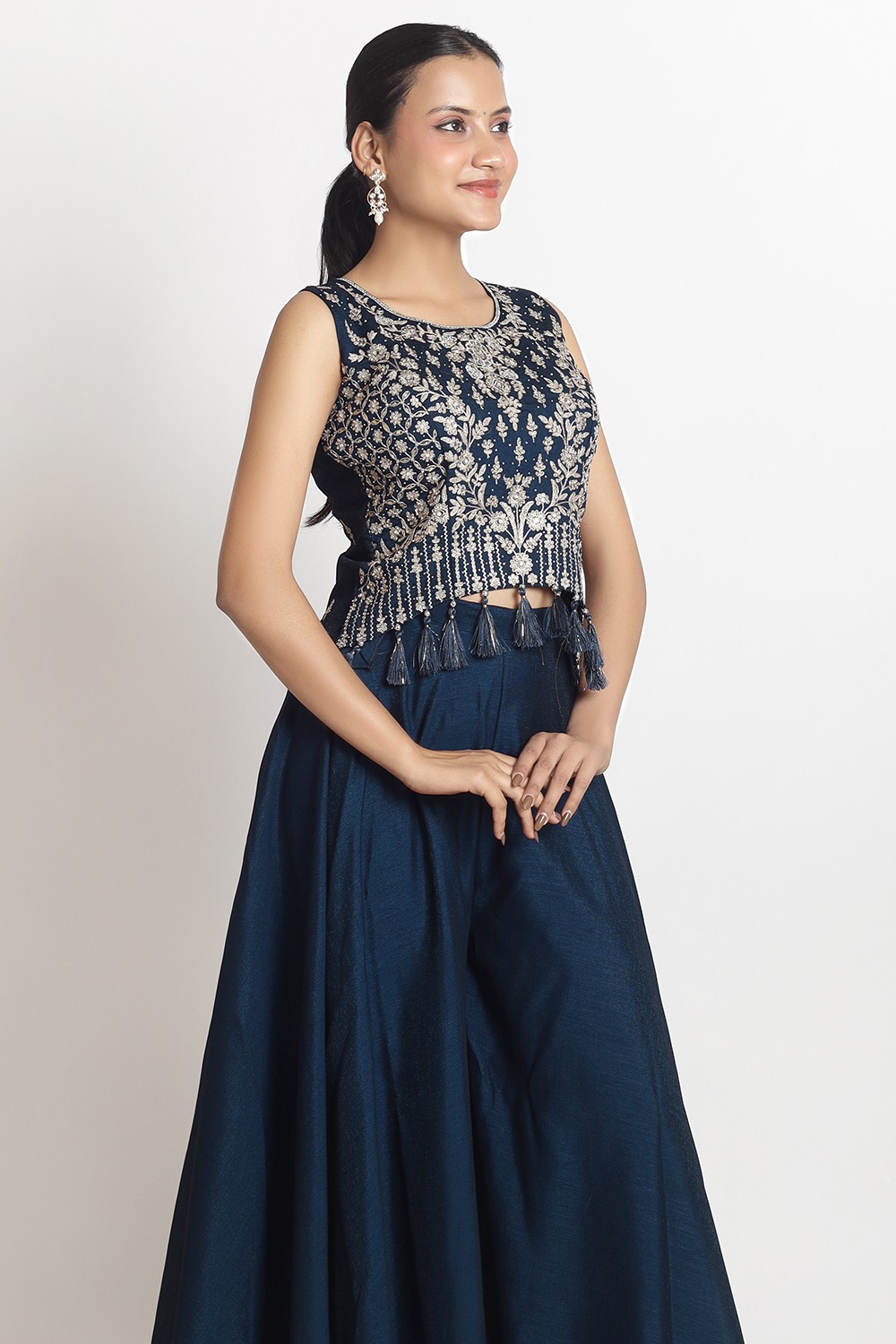 Navy Blue Georgette Embroidered Short Palazzo Suit LSTV134826