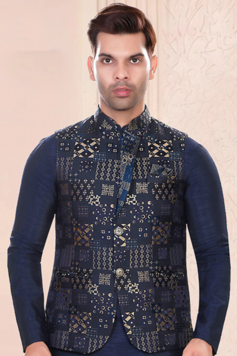 Navy Blue Weaved Art Silk Men's Waist Coat MWCV0262
