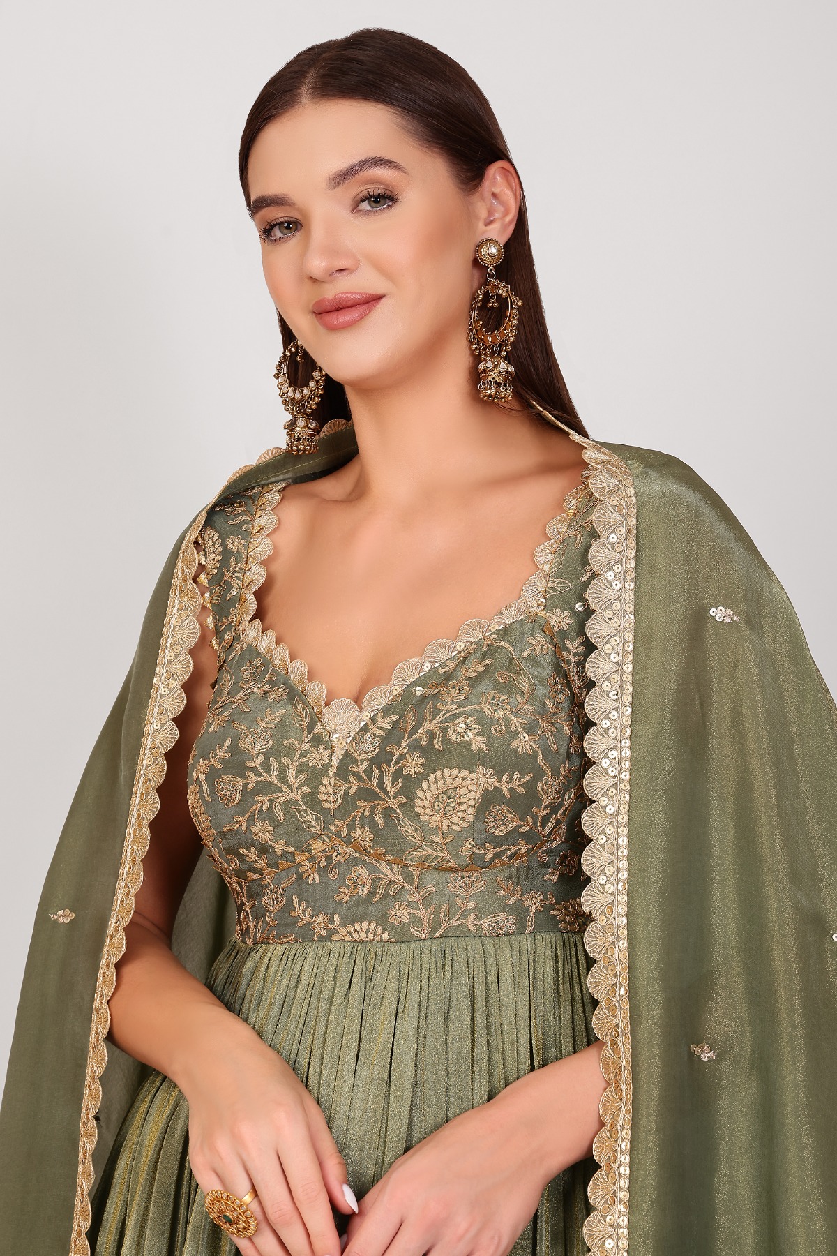 Zaitoon Zari Anarkali Set in deep olive green from silk tissue .LSTV136734