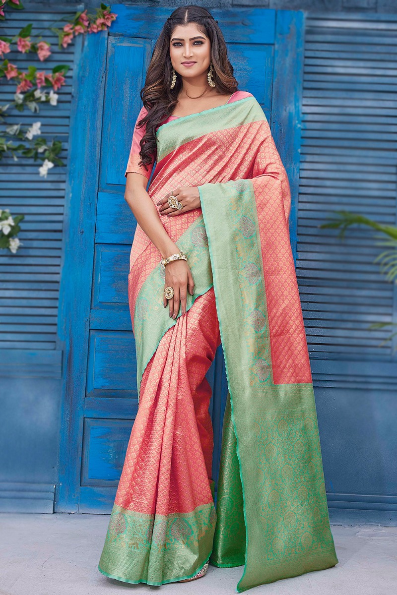 Salmon Pink Silk Woven Zari Broad Border Saree SARV185009