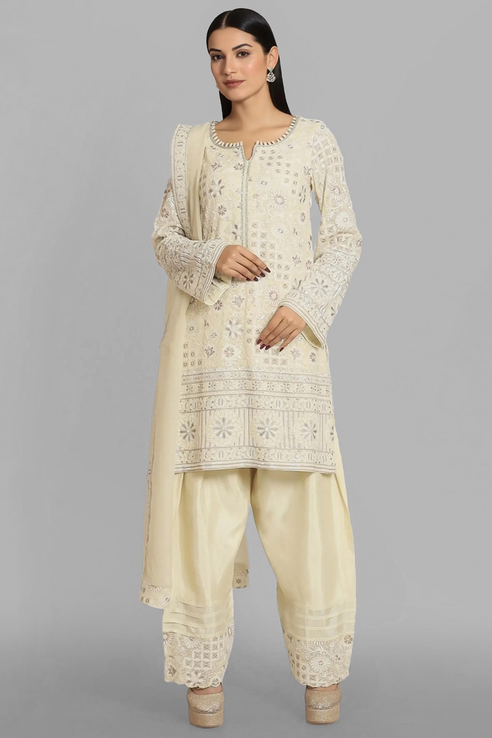 Pale Yellow Georgette Embroidered Straight Cut Salwar Suit LSTV134664