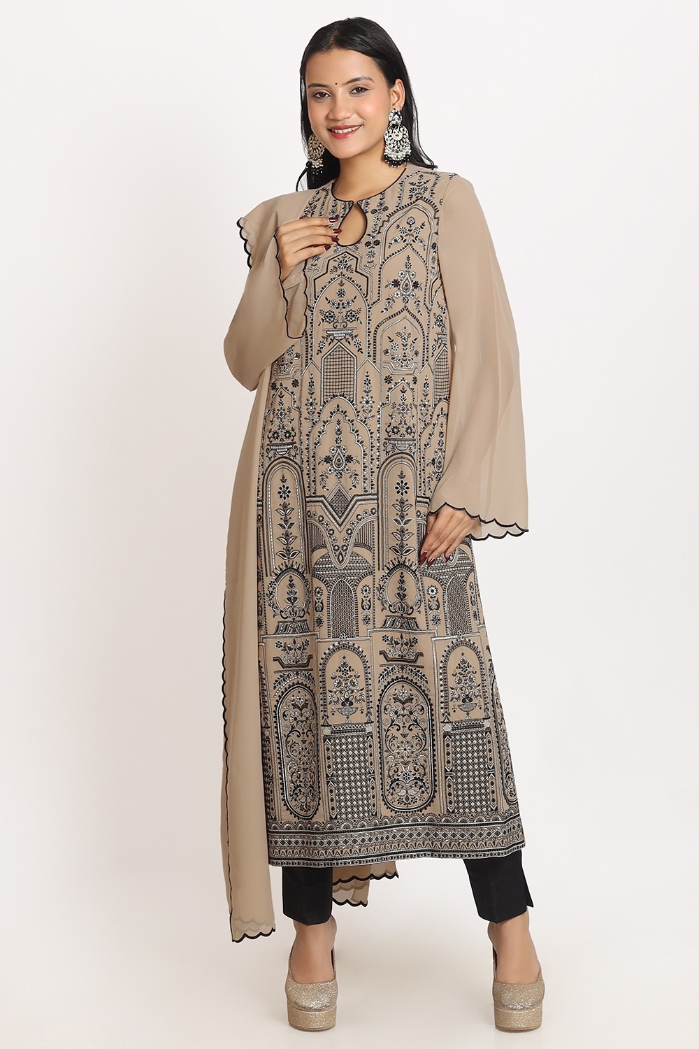 Cream Beige Georgette Embroidered Straight Cut Trouser Suit LSTV134668