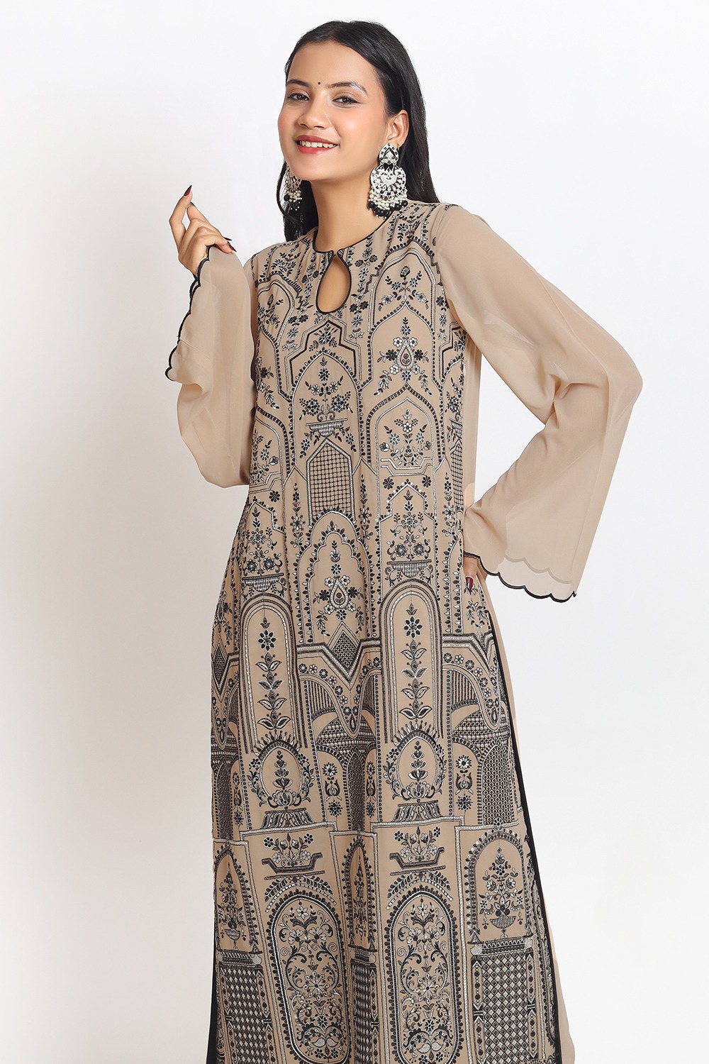 Cream Beige Georgette Embroidered Straight Cut Trouser Suit LSTV134668