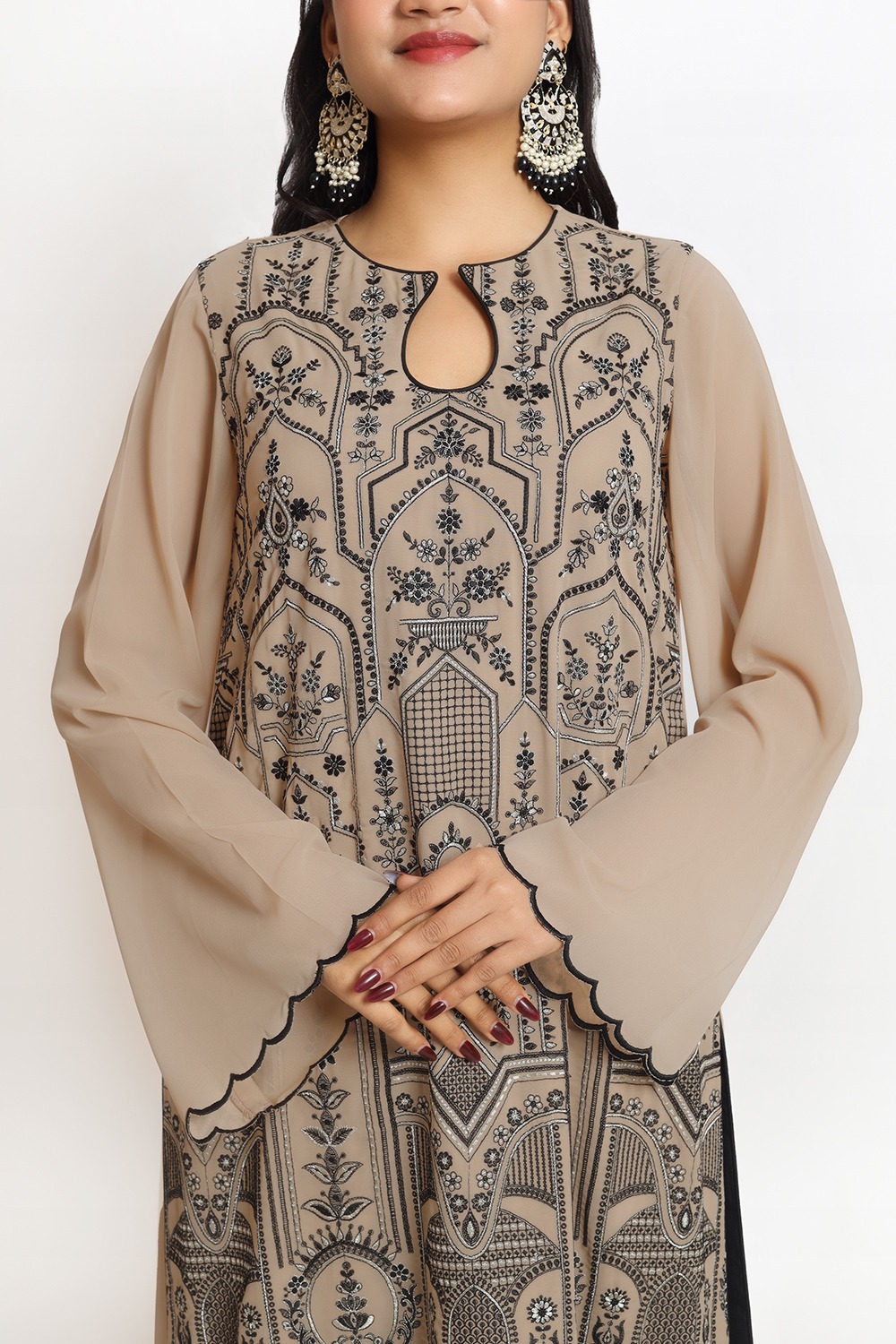 Cream Beige Georgette Embroidered Straight Cut Trouser Suit LSTV134668