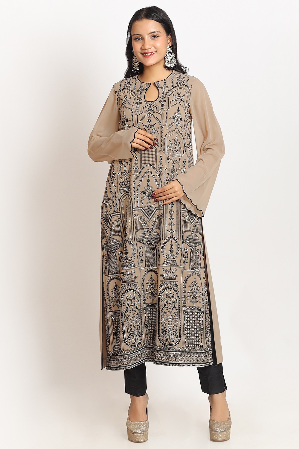 Cream Beige Georgette Embroidered Straight Cut Trouser Suit LSTV134668