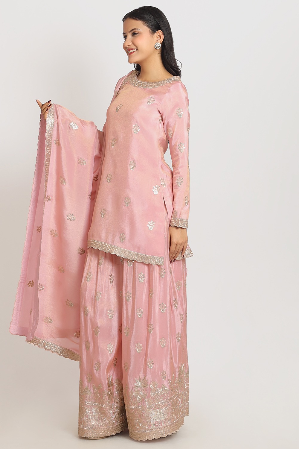 Pastel Pink Shimmer Organza Embroidered Straight Cut Palazzo Suit ...