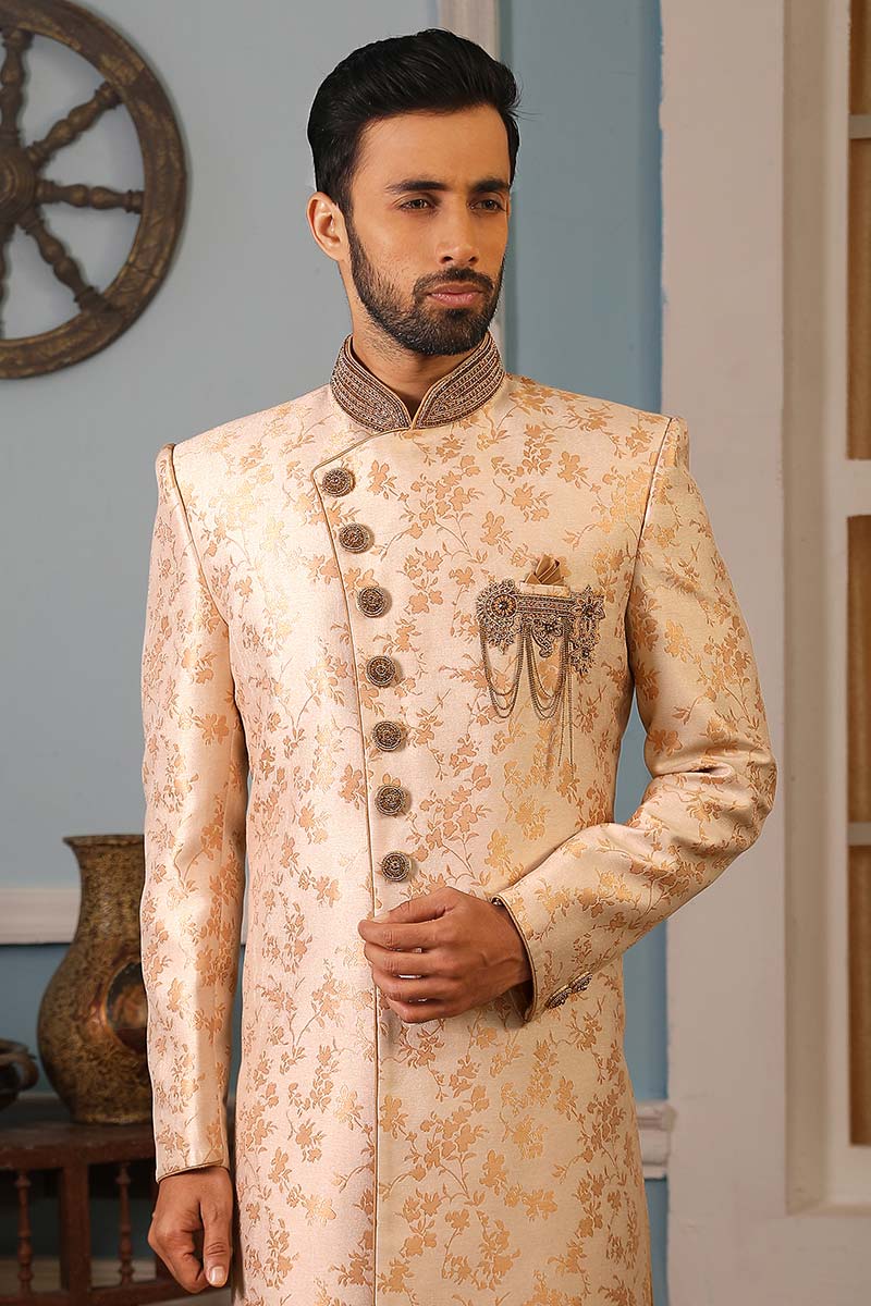 Buy Angrakha Style Jacquard Silk Sherwani In Rose Gold Colour Online ...