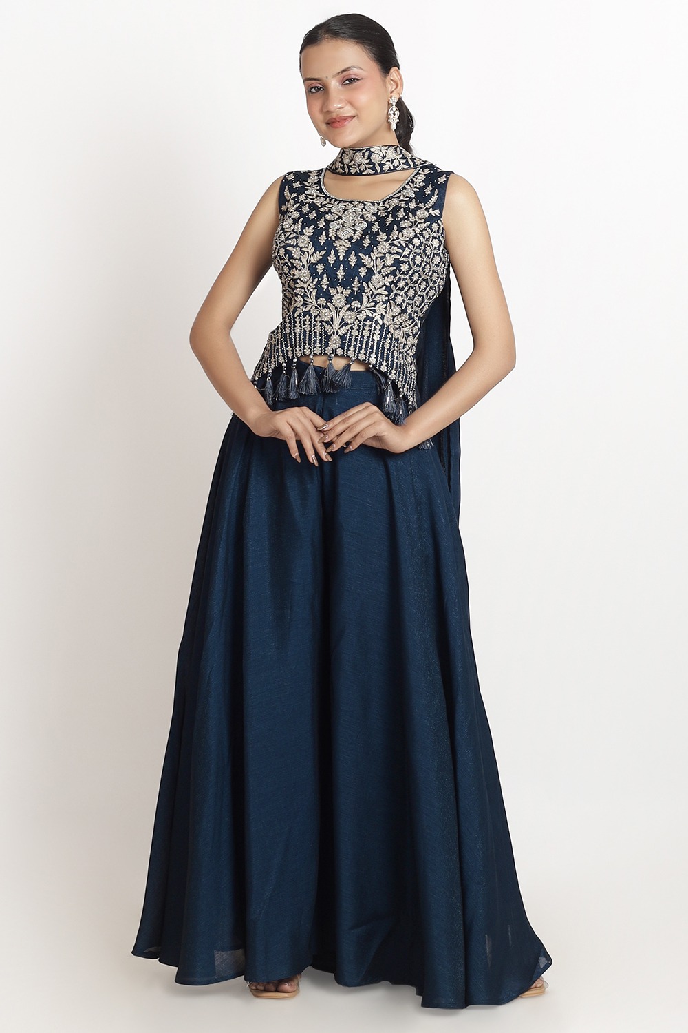 Navy Blue Georgette Embroidered Short Palazzo Suit LSTV134826