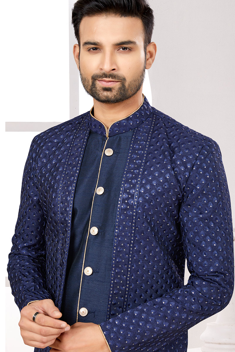 Art Silk Navy Blue Embroidered Jacket Style Men's Sherwani MSTV03152