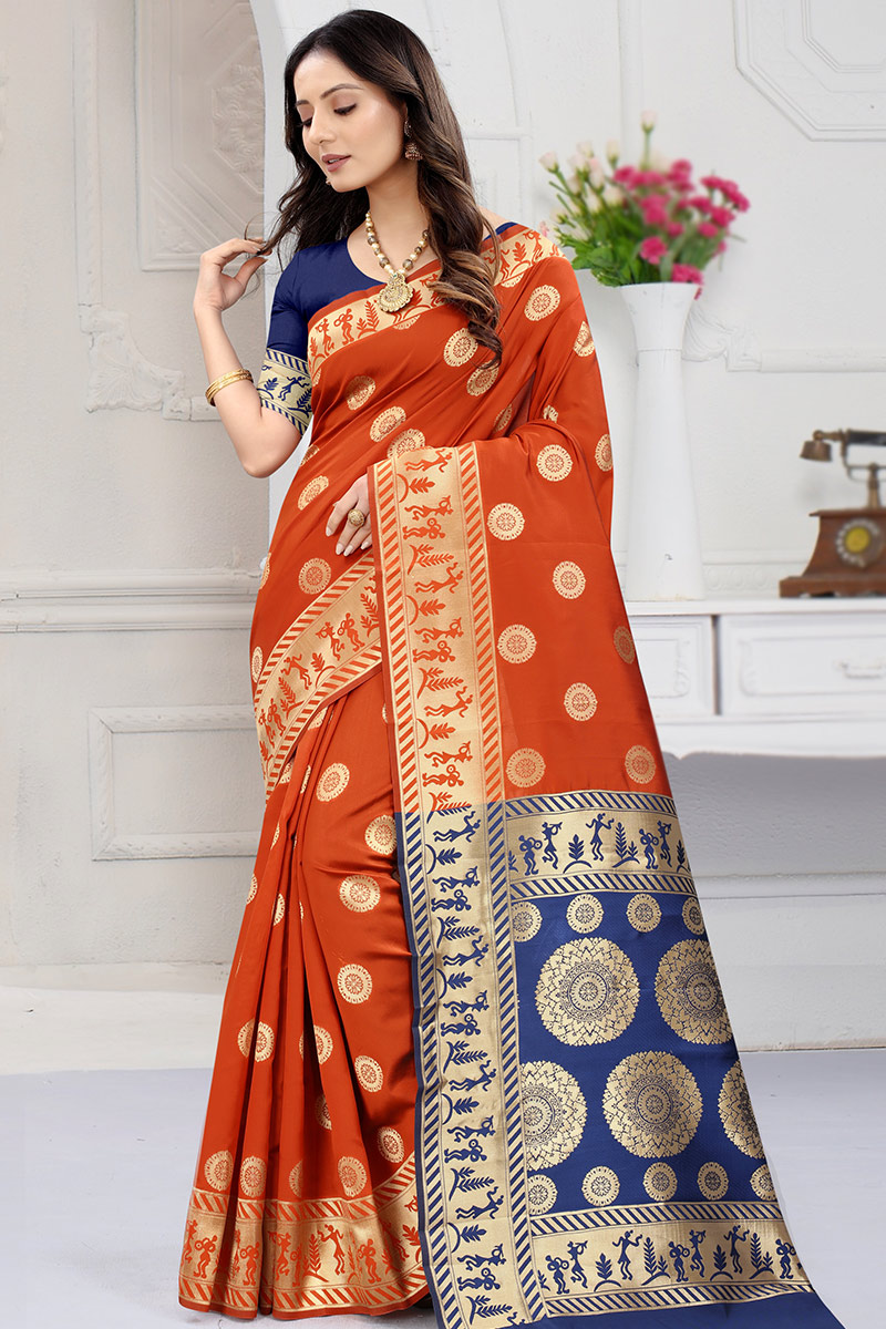 Art Silk Rust Orange Woven Zari Banarasi Style Saree SARV168823