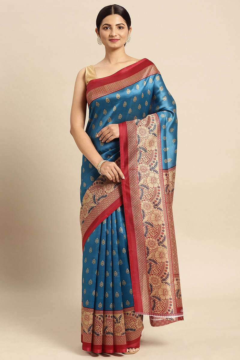 Art Silk Teal Blue Printed Broad Border Saree|SARV168284