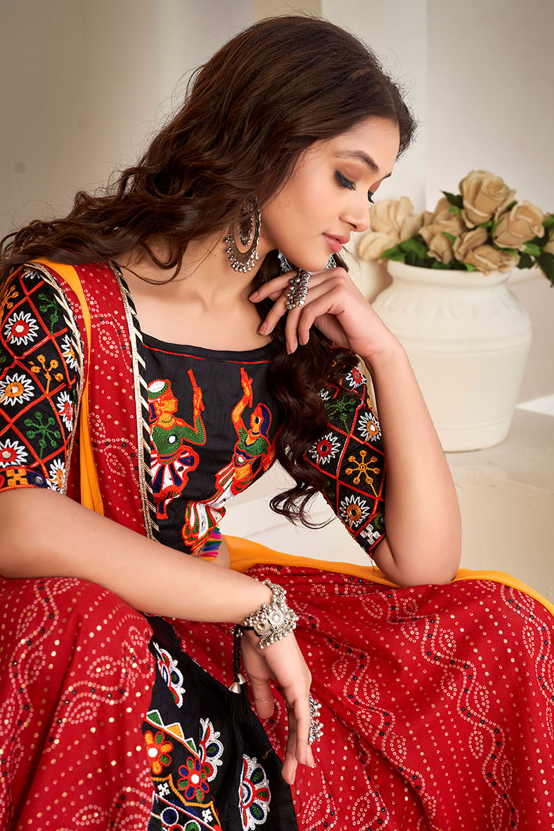 Black Cotton Resham Embroidered Flared Style Lehenga LLCV116043