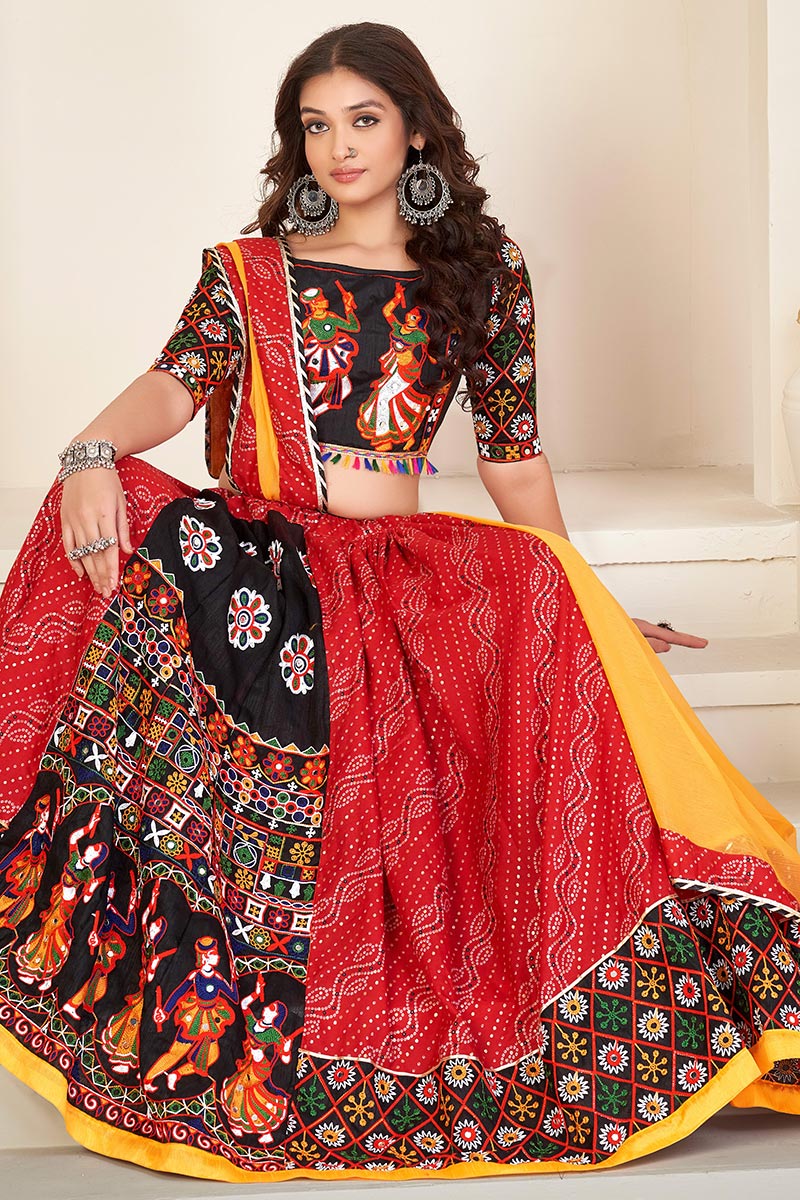 Black Cotton Resham Embroidered Flared Style Lehenga LLCV116043