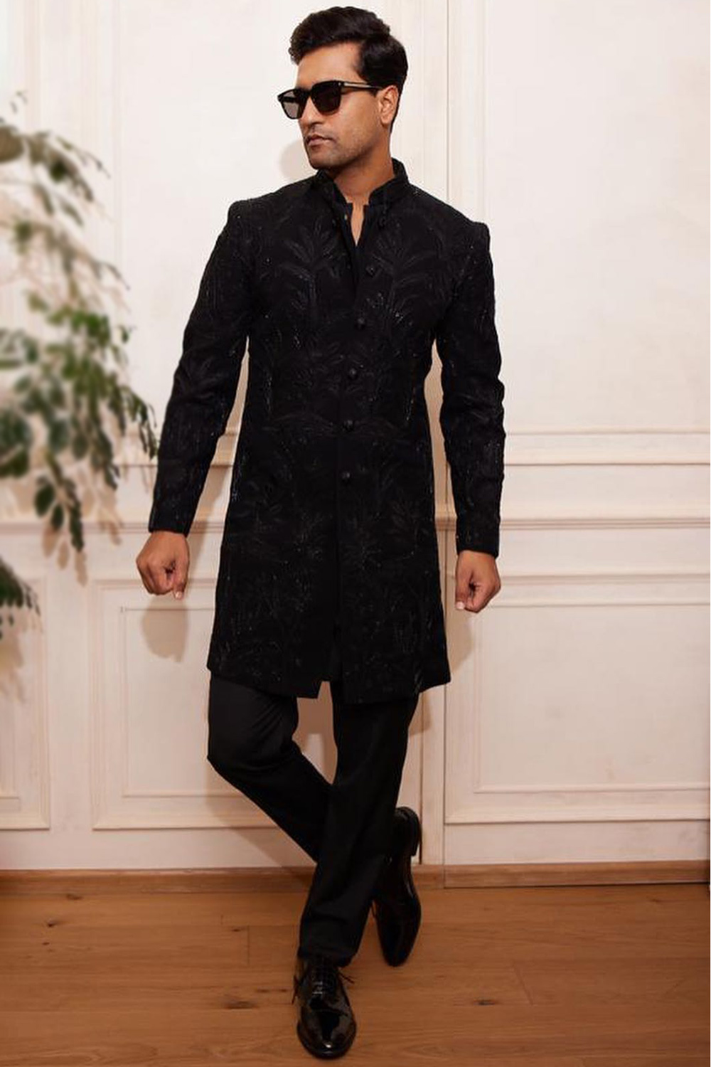 Black Embroidered Men's Jacket Style Silk Sherwani MSTV04259
