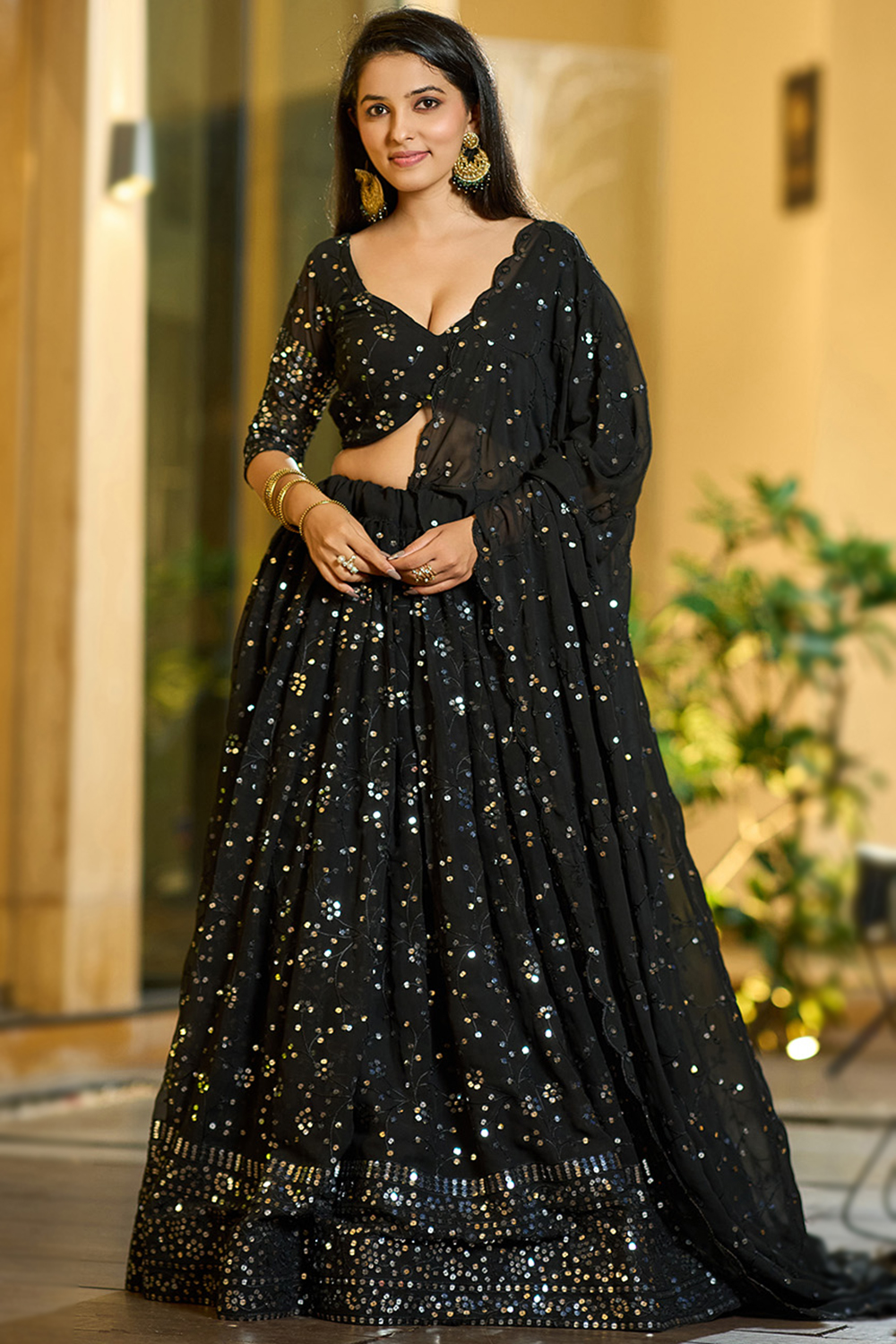 Black Georgette Embroidered Flared Style Lehenga LLCV119574