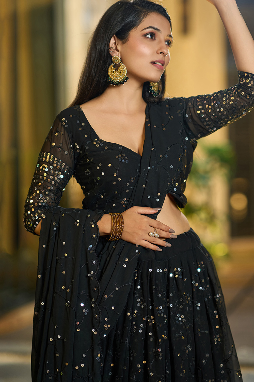 Black Georgette Embroidered Flared Style Lehenga LLCV119574