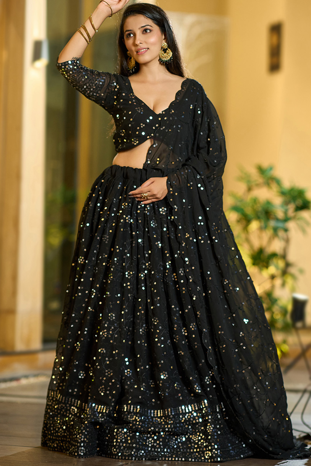 Black Georgette Embroidered Flared Style Lehenga LLCV119574
