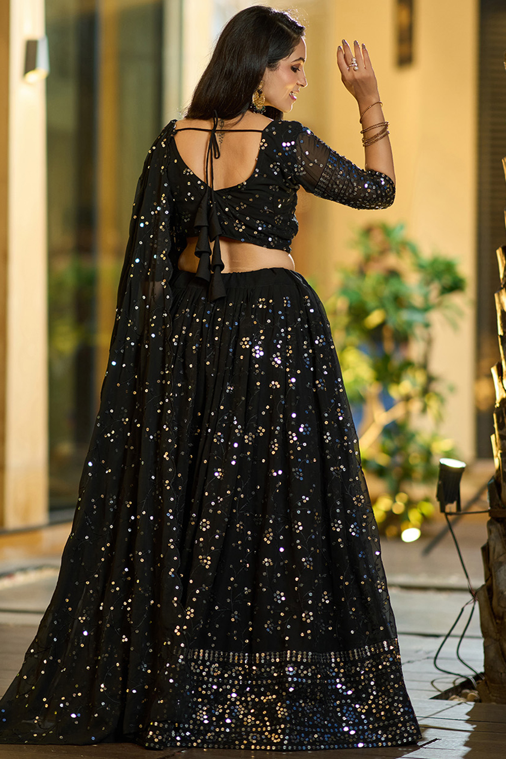 Black Georgette Embroidered Flared Style Lehenga LLCV119574