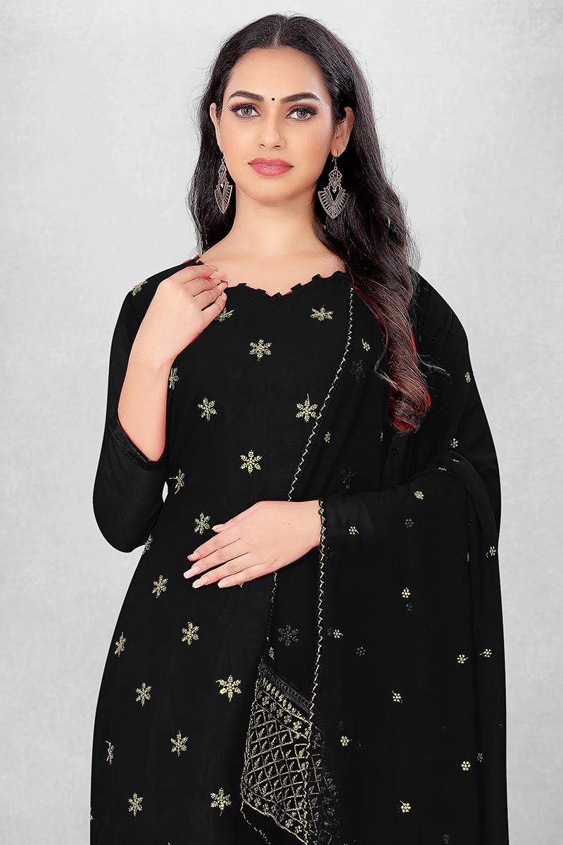 Black Georgette Embroidered Straight Cut Churidar Suit LSTV127422
