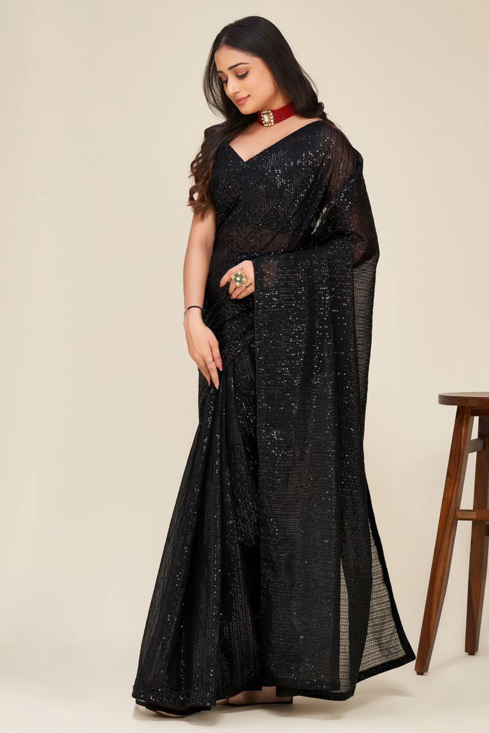 Black Georgette Sequins Embroidered Heavy Work Saree SARV189547