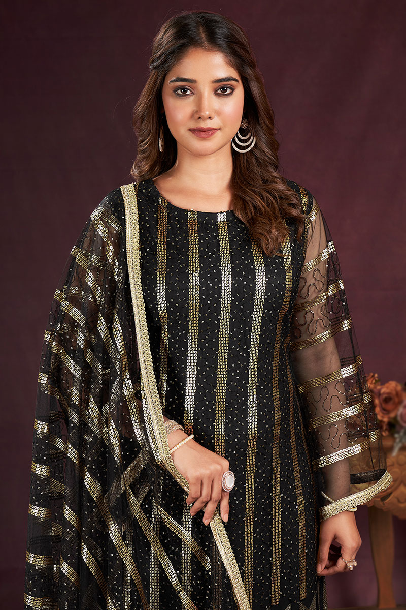 Black Net Embroidered Straight Cut Trouser Suit LSTV127696