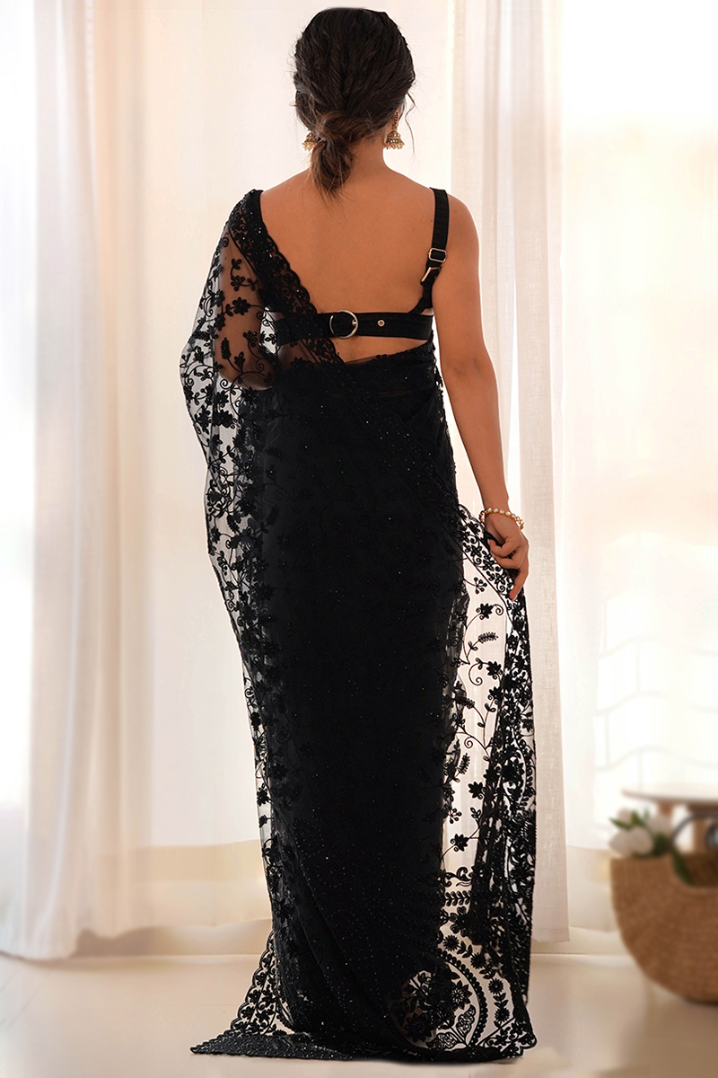 Black Net Resham Thread Embroidered Light Weight Saree SARV181208