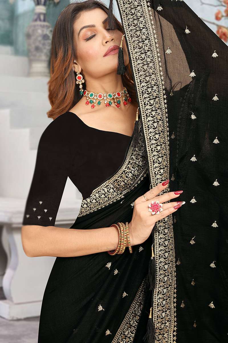 Black Zari Embroidered Silk Lightweight Saree For Sangeet SARV181819