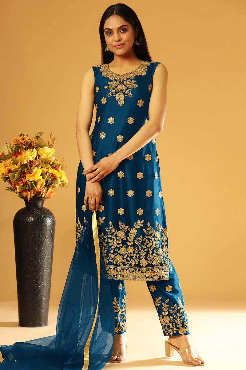Buy Eid Plus Size Dress Net Jacket Style Embroidered Blue Trouser Suit ...