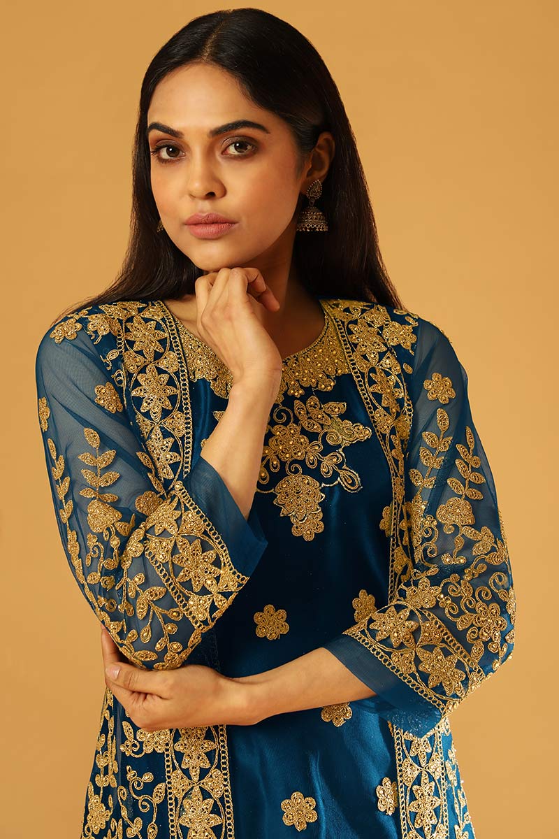 Buy Eid Plus Size Dress Net Jacket Style Embroidered Blue Trouser Suit ...