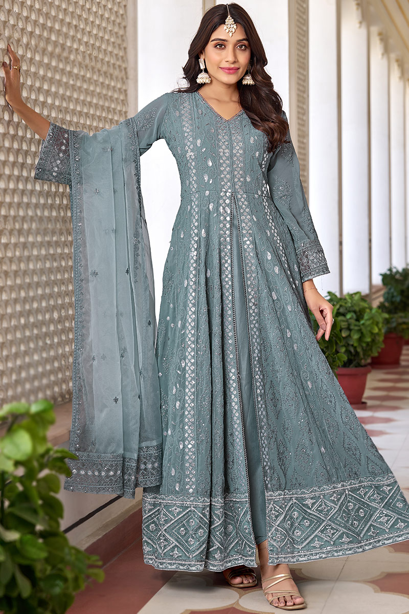 Bluish Grey Georgette Embroidered Front Slit Anarkali Suit LSTV128301