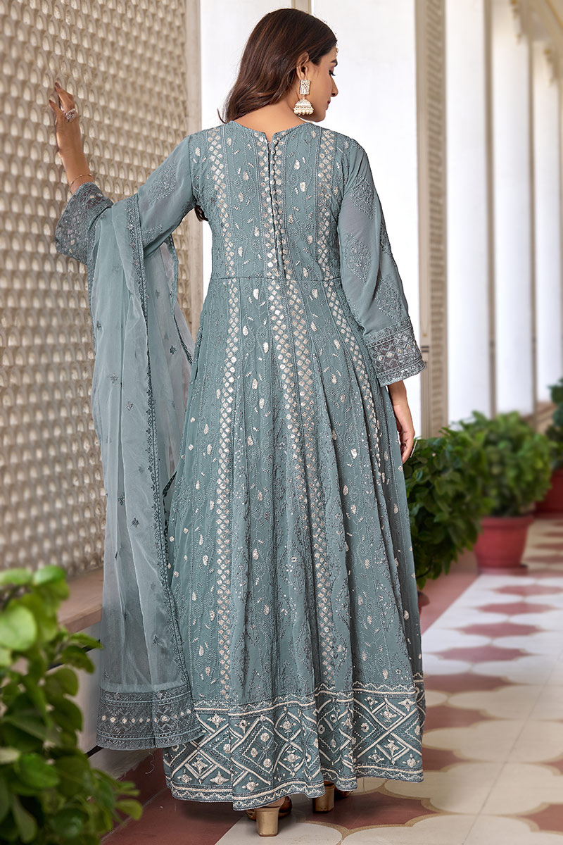 Bluish Grey Georgette Embroidered Front Slit Anarkali Suit LSTV128301