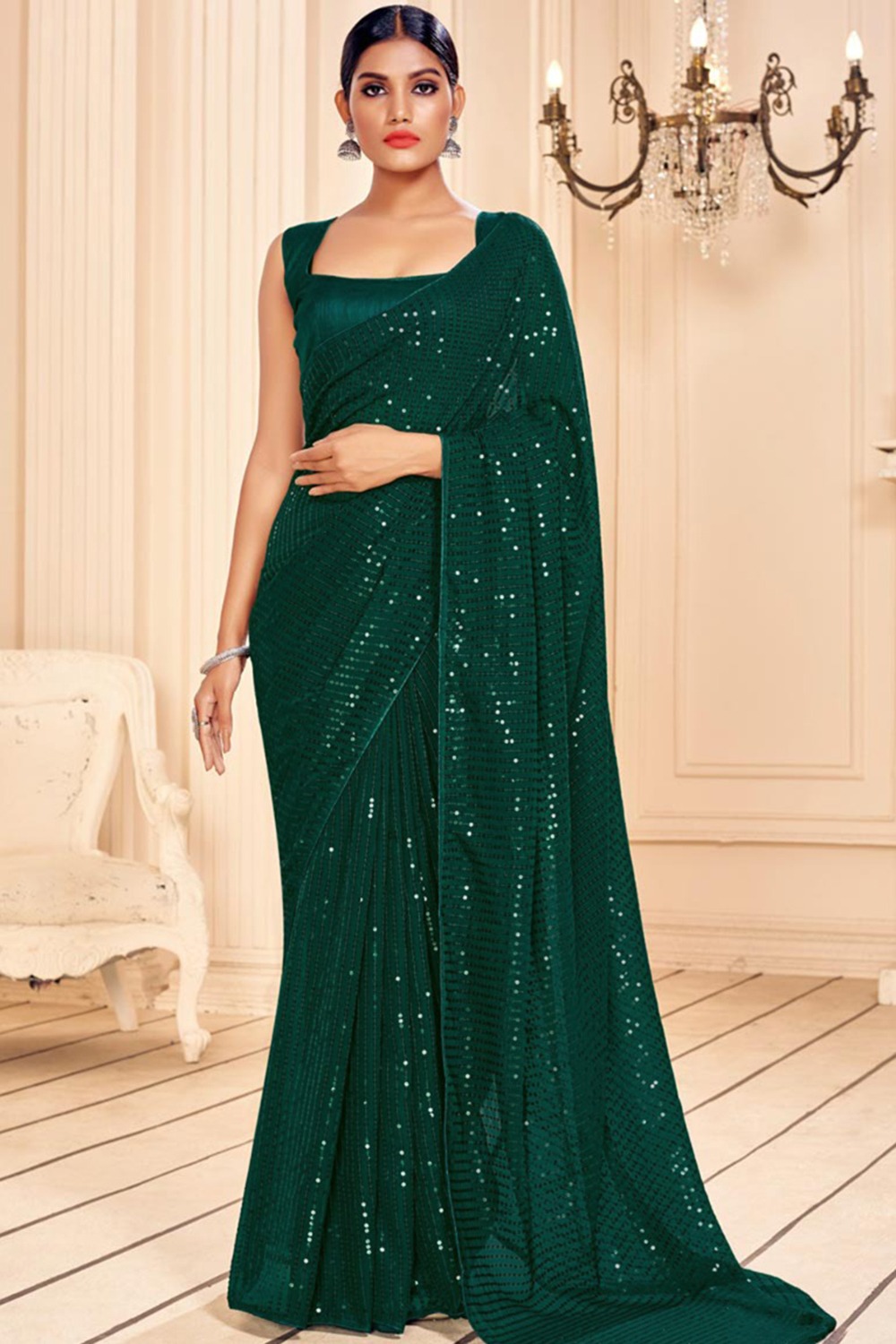 Readymade Collection Bottle Green Georgette Saree|SARV113569