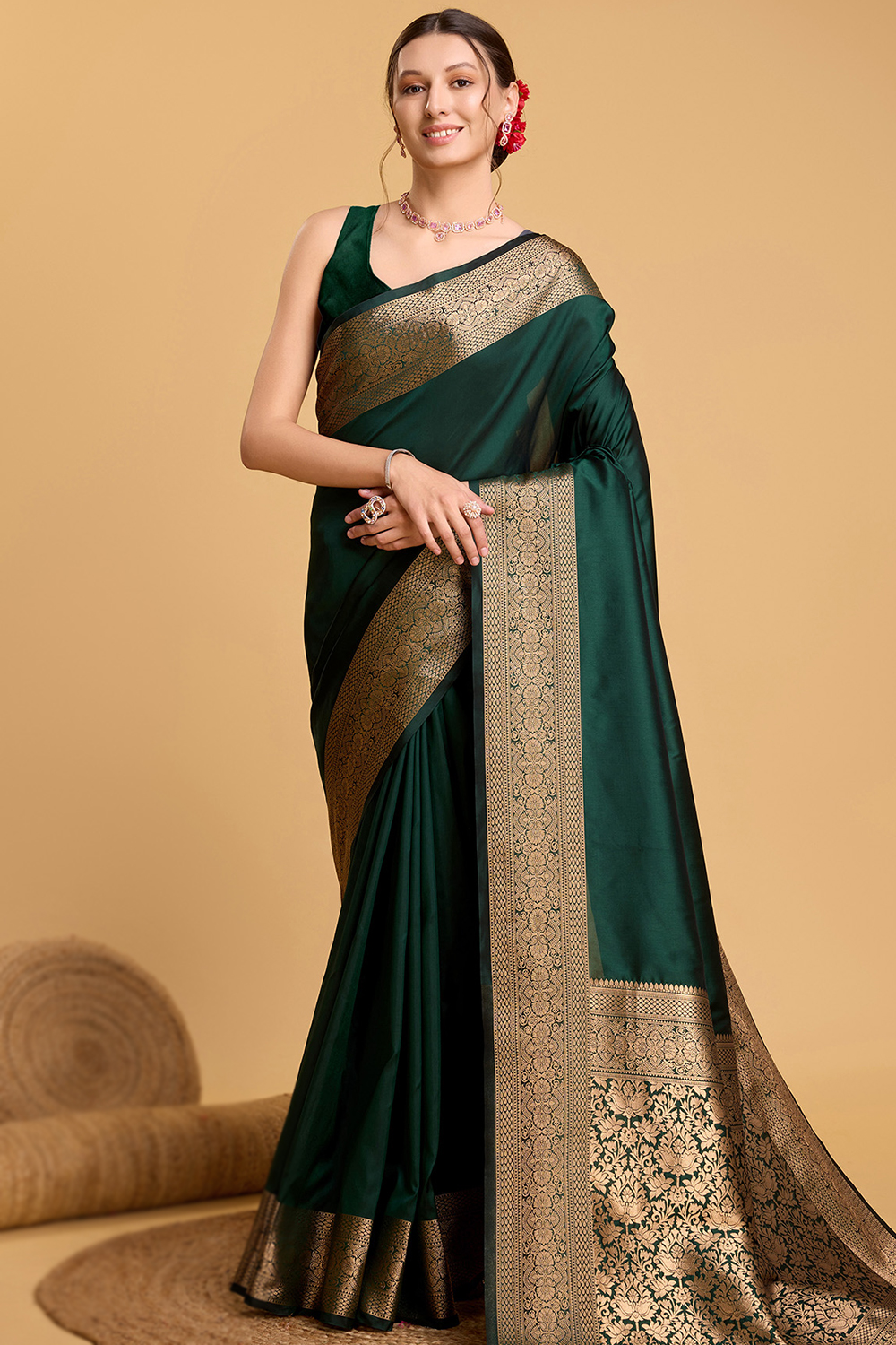 Bottle Green Silk Woven Zari Broad Border Saree SARV183694