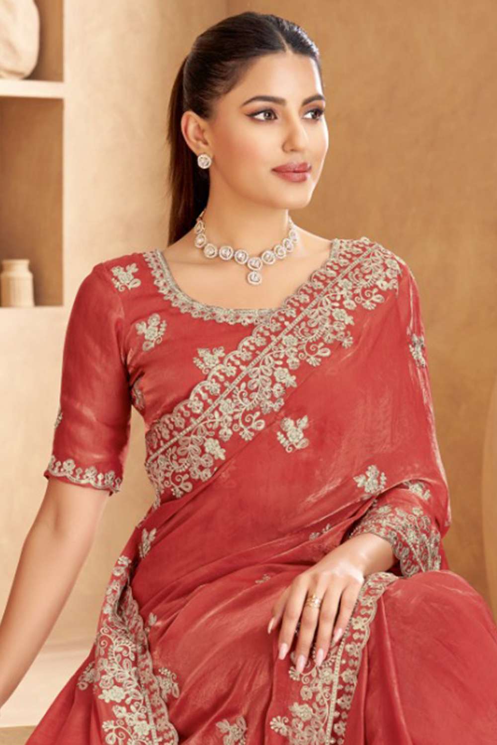Brick Red Tissue Embroidered Fancy Saree SARV190321