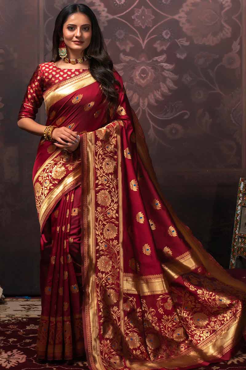 Best Seller Burgundy Maroon Banarasi Silk Woven Zari Saree|SARV115379