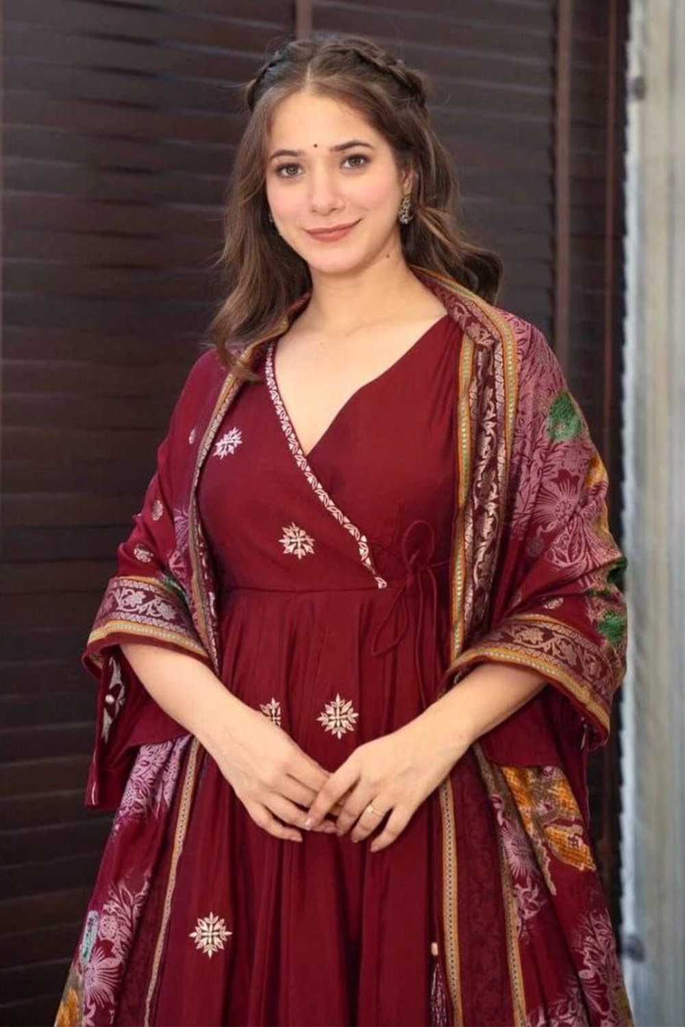 Burgundy Maroon Silk Embroidered A Line Palazzo Suit LSTV134133