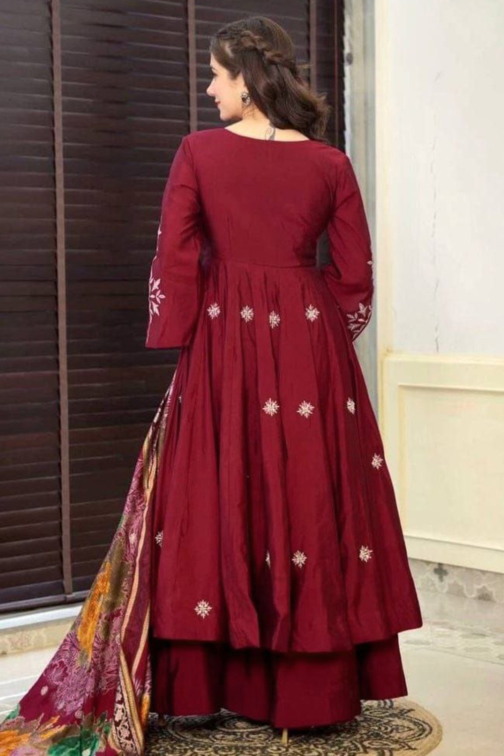 Burgundy Maroon Silk Embroidered A Line Palazzo Suit LSTV134133