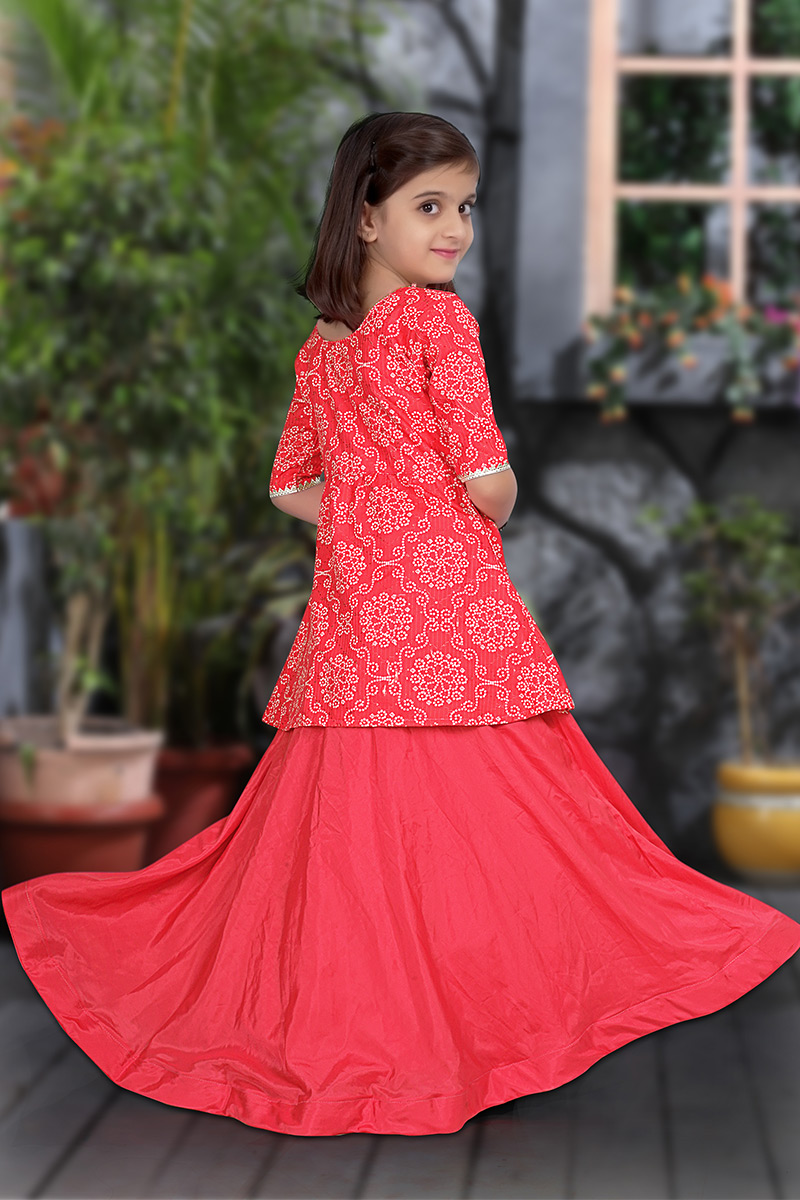 Carrot Red Printed Jacket Style Satin Lehenga LLCV118020