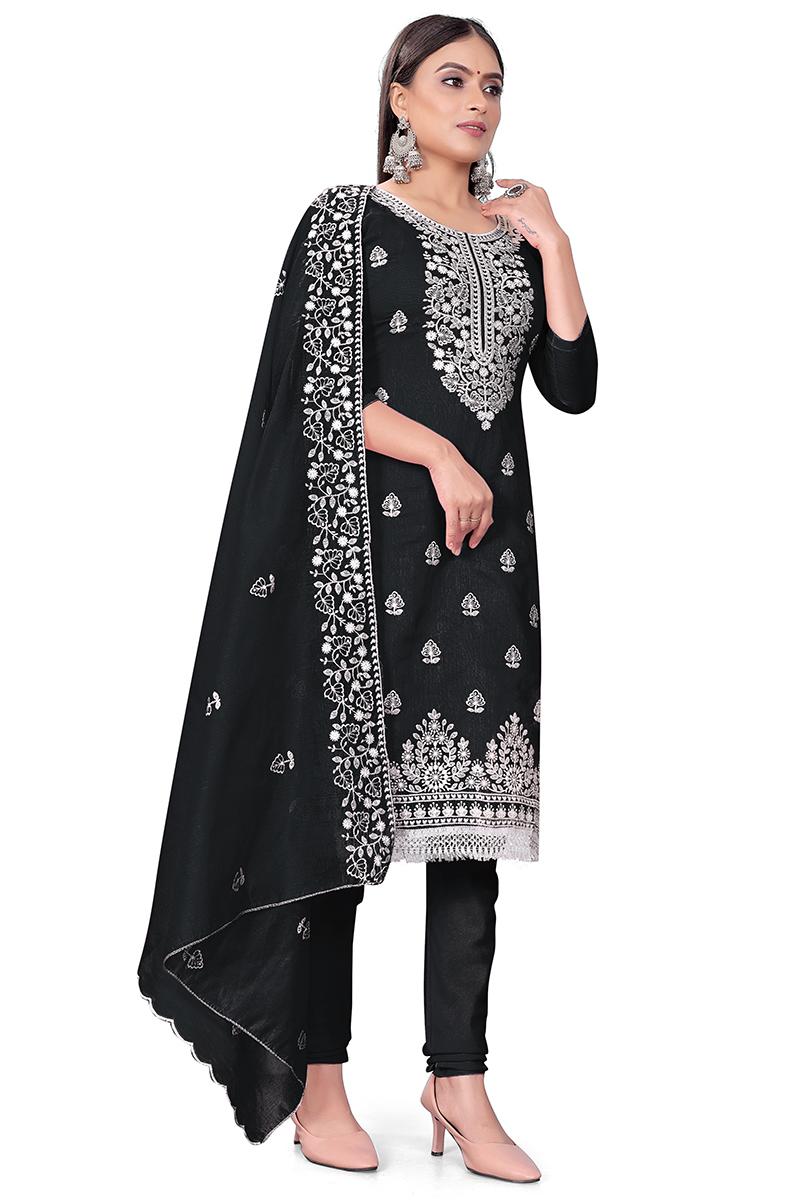 Shop Chanderi Cotton Black Embroidered Churidar Suit LSTV125075