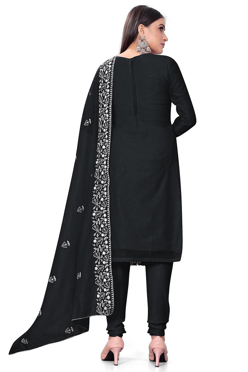 Shop Chanderi Cotton Black Embroidered Churidar Suit LSTV125075