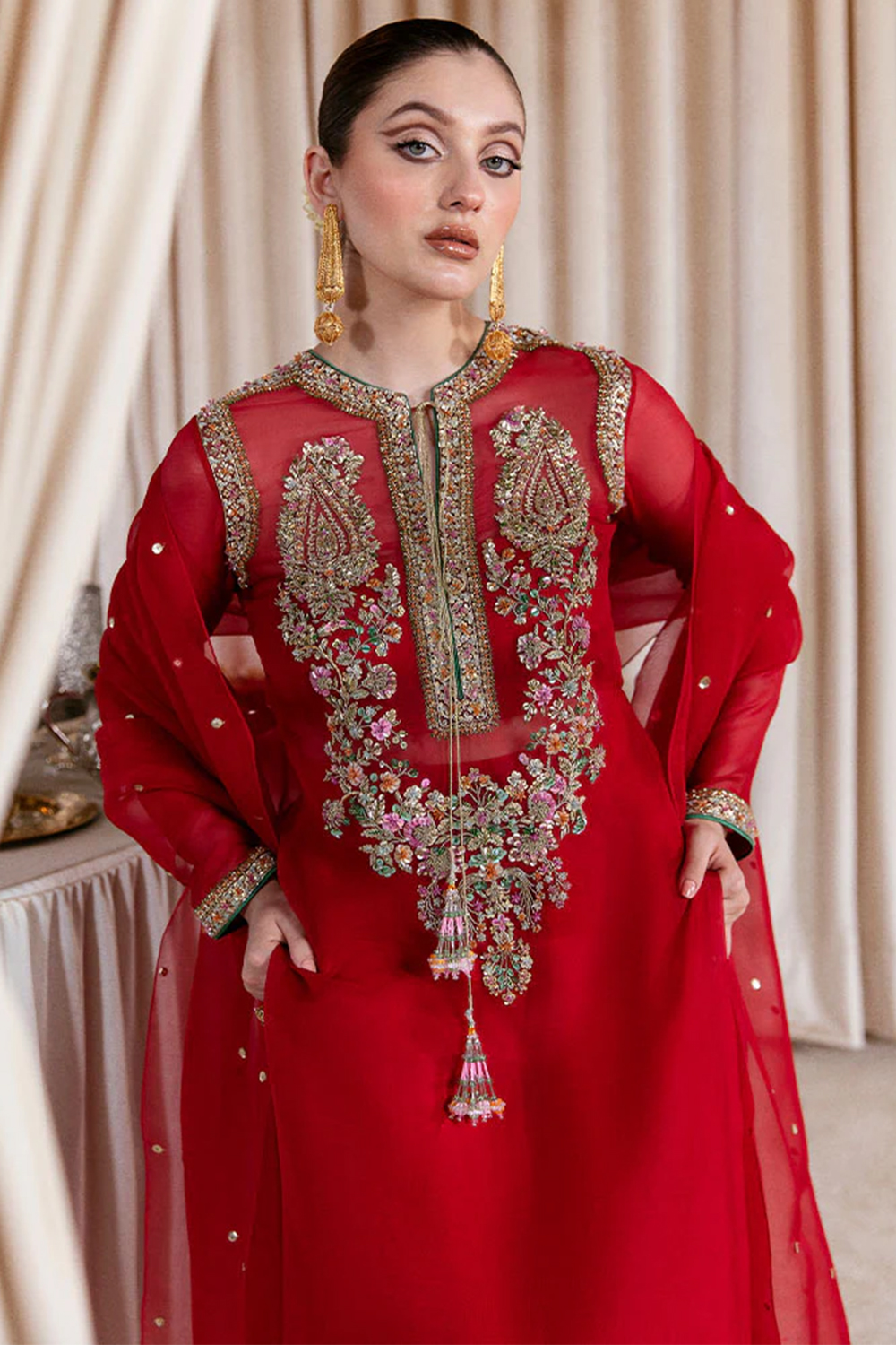 Cherry Red Dabka Embroidered Organza Palazzo Suit For Wedding LSTV130386