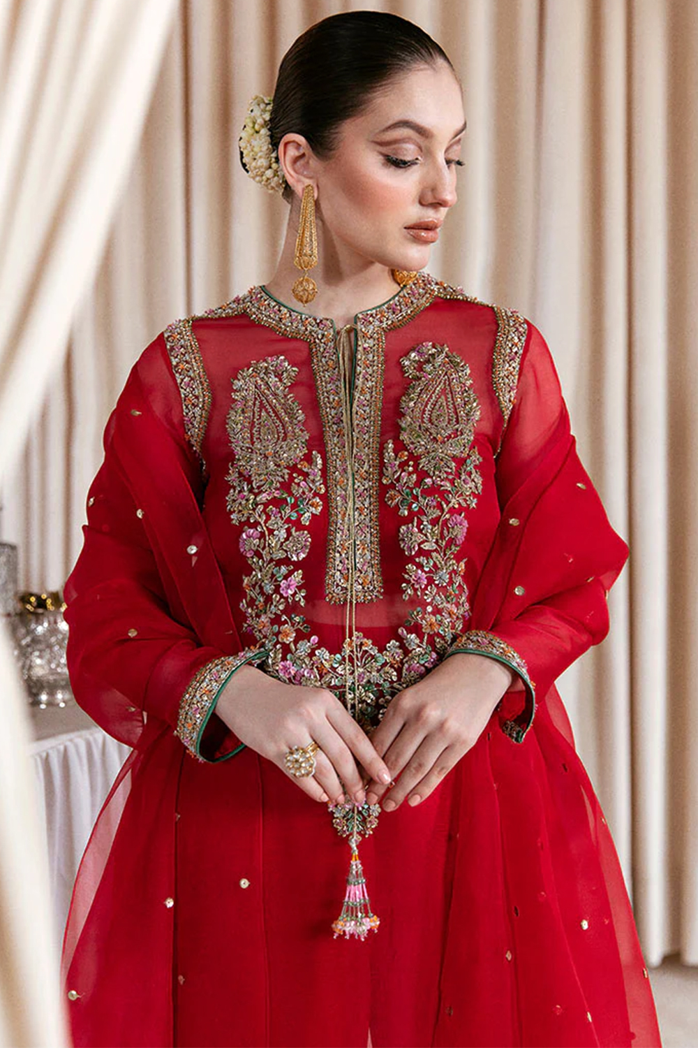Cherry Red Dabka Embroidered Organza Palazzo Suit For Wedding LSTV130386