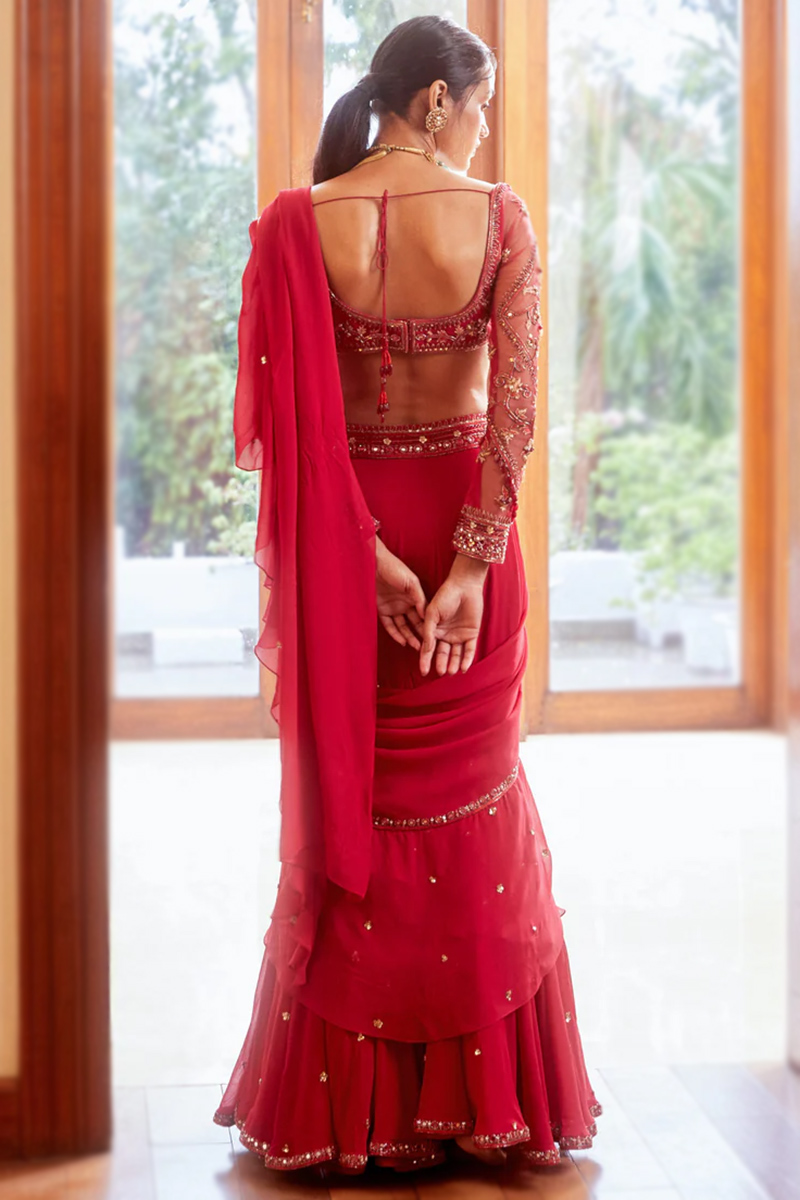Cherry Red Georgette Embroidered Party Wear Ruffle Saree SARV178731
