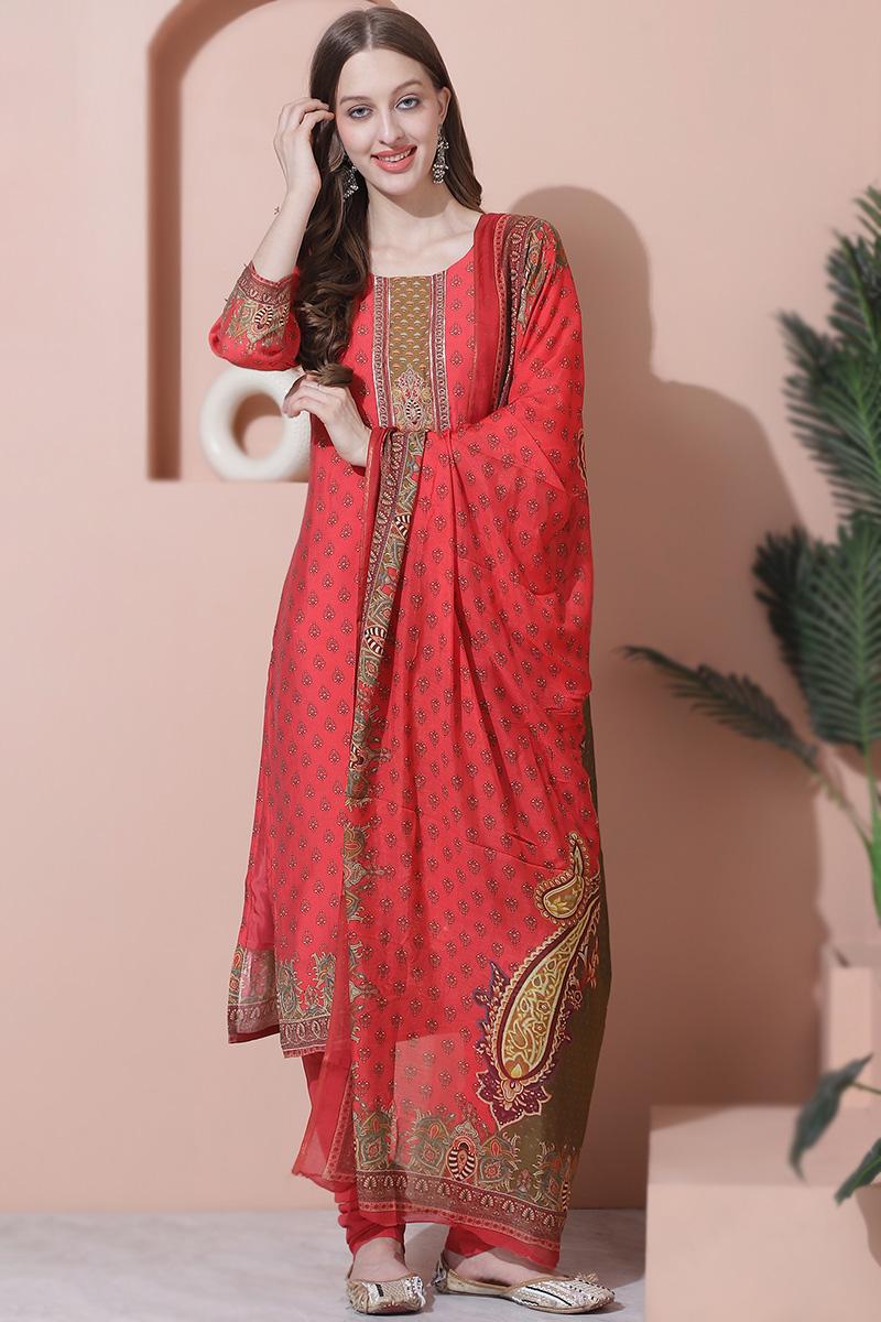 Cherry Red Printed Cotton Silk Casual Wear Churidar Suit LSTV129445