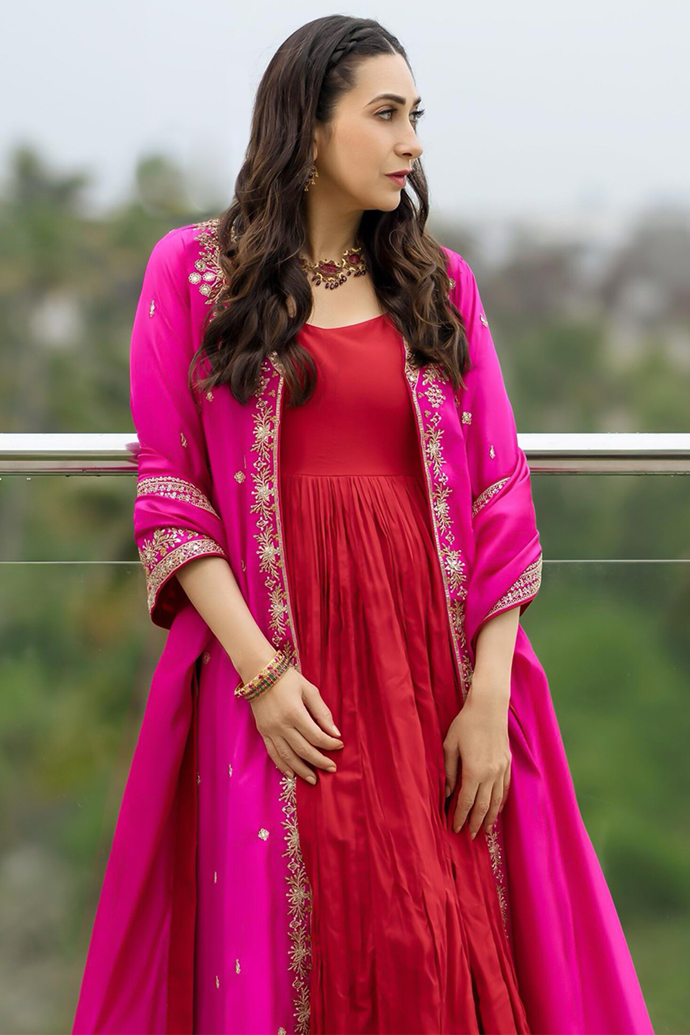 Cherry Red Silk Plain Anarkali Suit With Embroidered Jacket LSTV133920