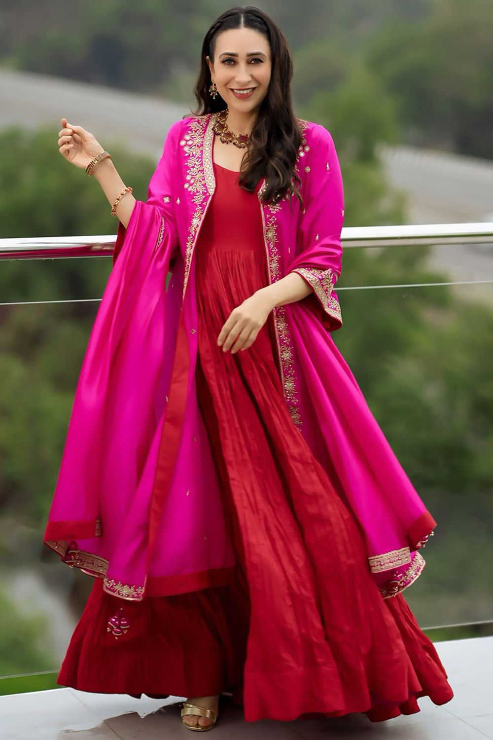 Cherry Red Silk Plain Anarkali Suit With Embroidered Jacket LSTV133920