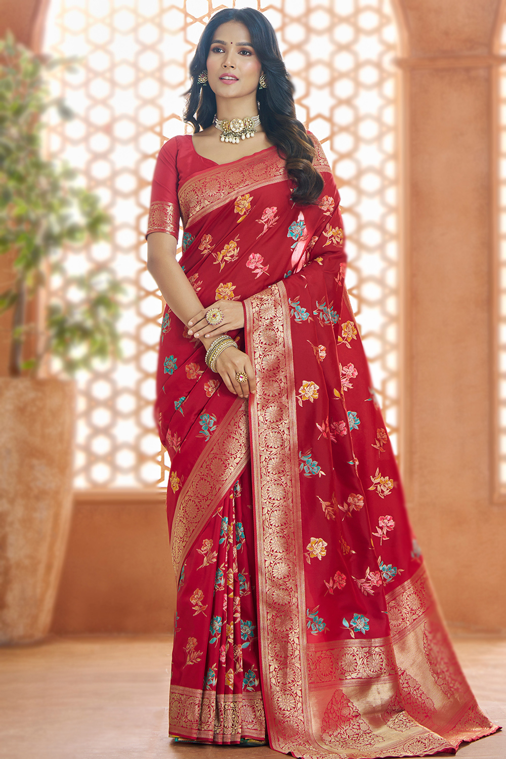 Cherry Red Silk Woven Zari Broad Border Saree SARV183230