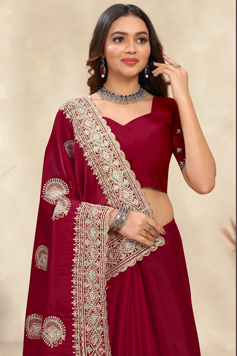 Cherry Red Stone Embellished Heavy Crepe Silk Saree SARV173158